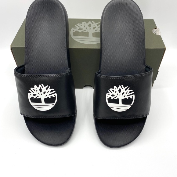 Timberland | Shoes | Timberland Black Logo Leather Pool Slides Sandals ...